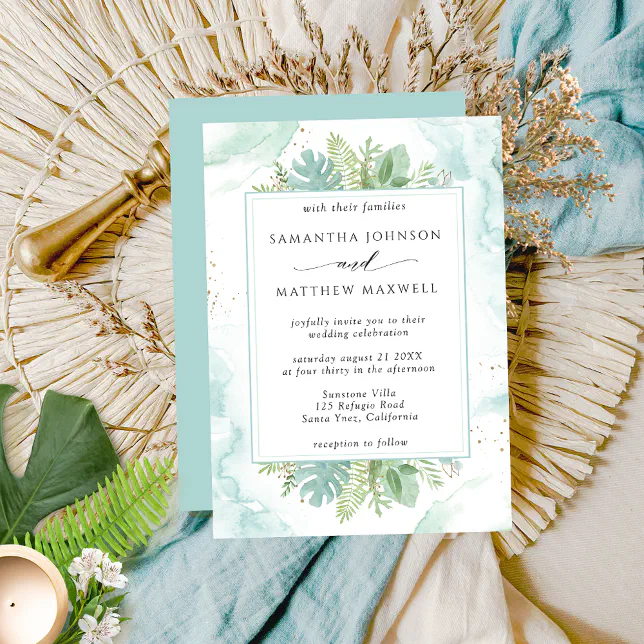 Blue Green Watercolor and Greenery Wedding Invitation | Zazzle