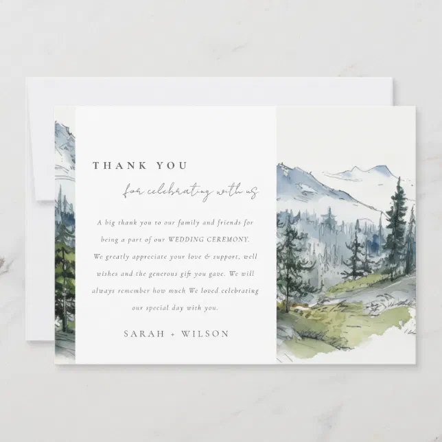 Blue Green Woods Mountain Landscape Sketch Wedding Thank You Card | Zazzle