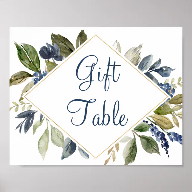 Blue greenery leaves gold foliage gift table sign | Zazzle