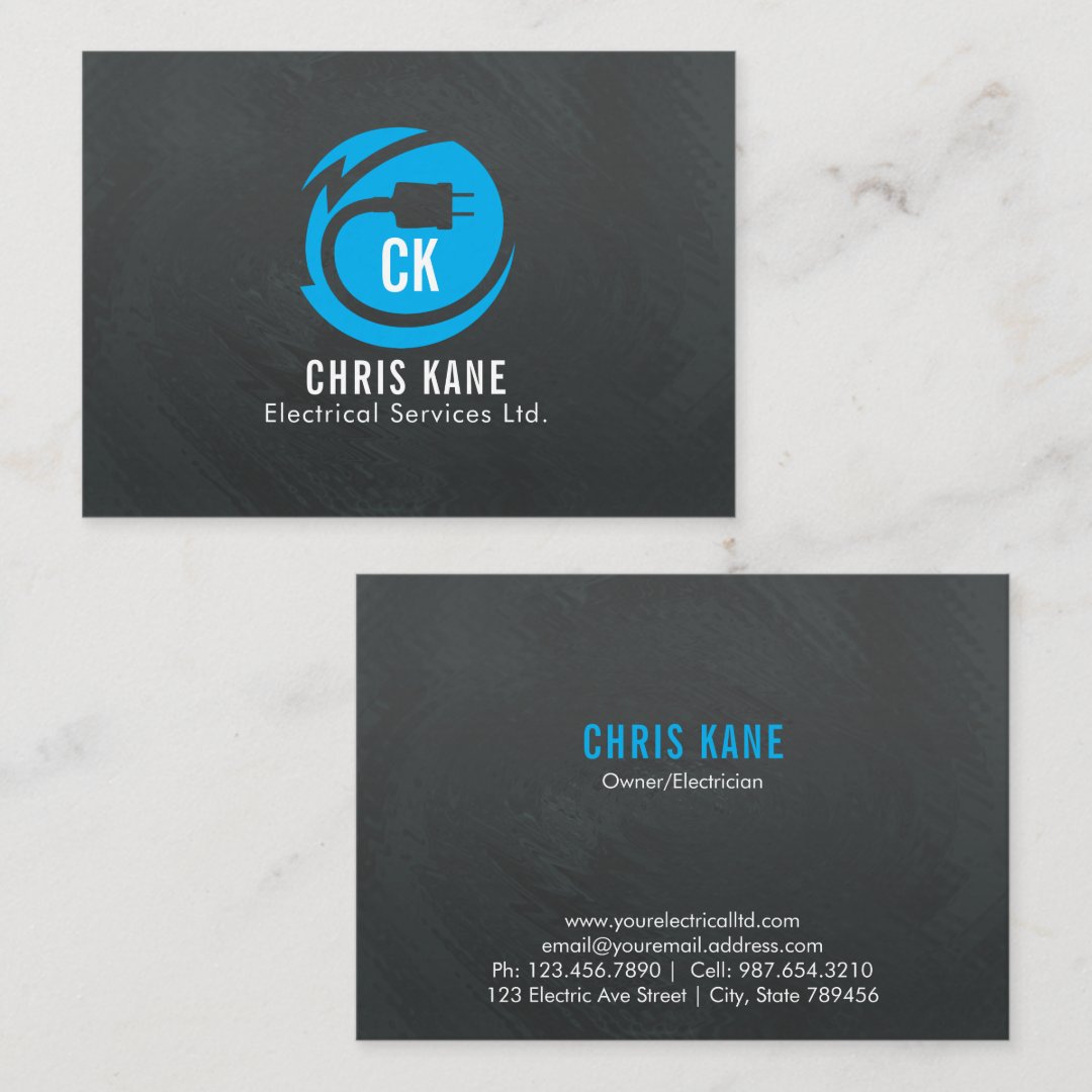 Blue & grey electrician logo design business card | Zazzle
