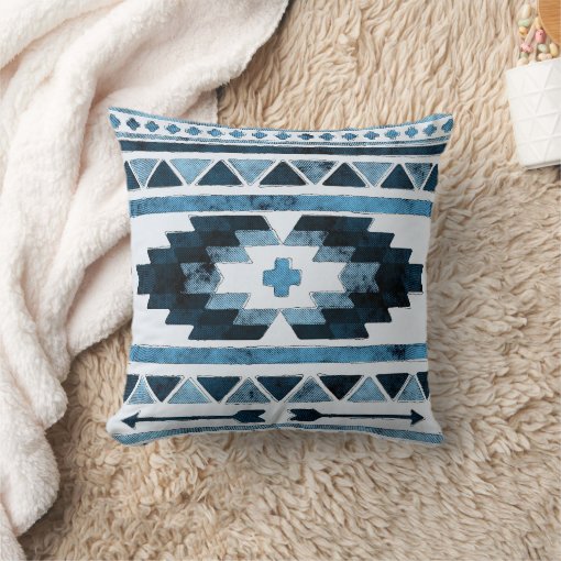 Blue Grunge Aztec Tribal Throw Pillow | Zazzle