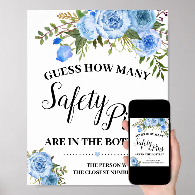 Blue Guess how many Safety Pins shower game sign | Zazzle