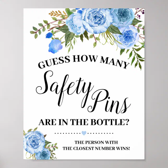 Blue Guess how many Safety Pins shower game sign | Zazzle