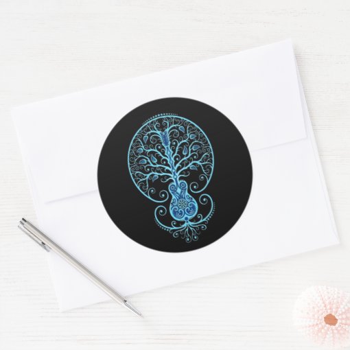 Blue Guitar Tree of Life on Black Classic Round Sticker | Zazzle