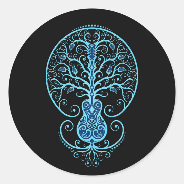 Blue Guitar Tree of Life on Black Classic Round Sticker | Zazzle