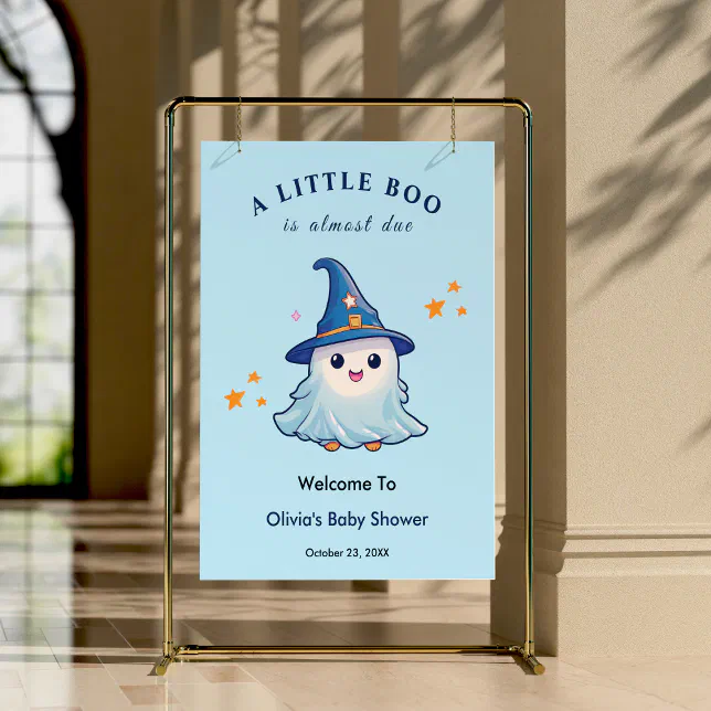 Blue Halloween A Little Boo Baby Shower Welcome Poster | Zazzle