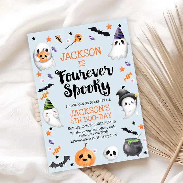 Blue Halloween Fourever Spooky 4th Birthday Invitation | Zazzle