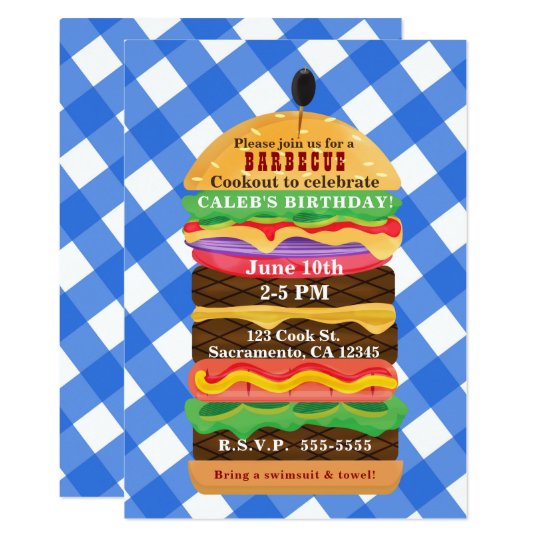 Blue Hamburger Summer Cookout Barbecue Invitations | Zazzle.com