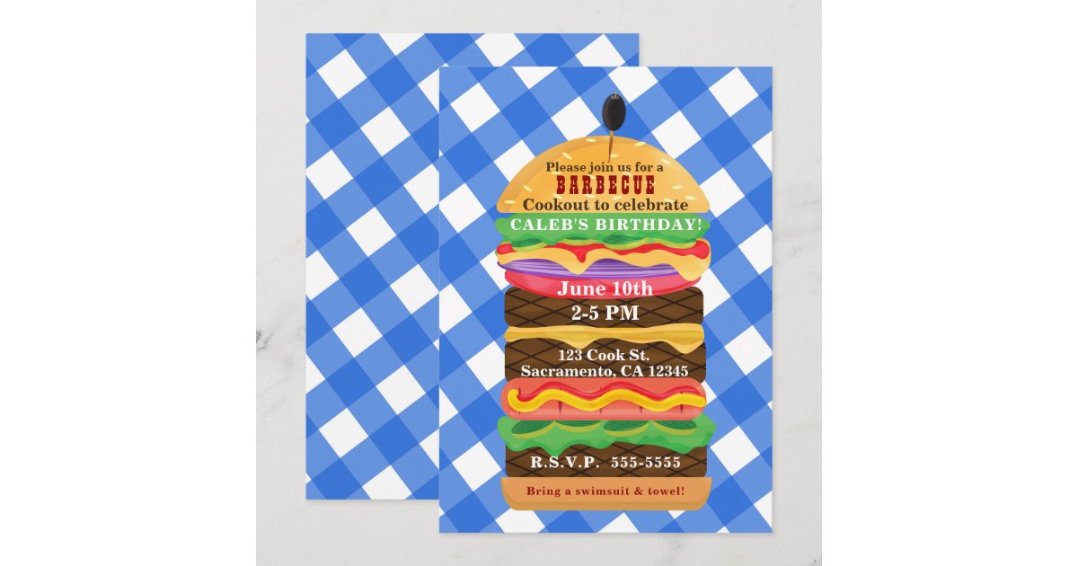 Blue Hamburger Summer Cookout Barbecue Invitations | Zazzle