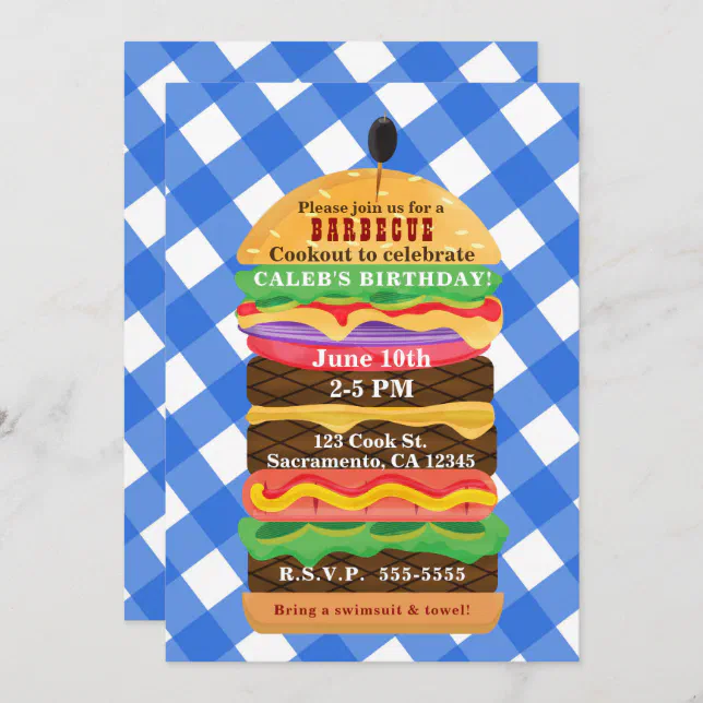 Blue Hamburger Summer Cookout Barbecue Invitations | Zazzle