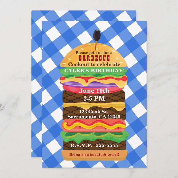 Blue Hamburger Summer Cookout Barbecue Invitations | Zazzle
