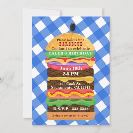 Blue Hamburger Summer Cookout Barbecue Invitations | Zazzle