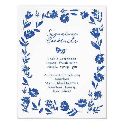 Blue Hand Drawn Flower Signature Cocktail Sign | Zazzle