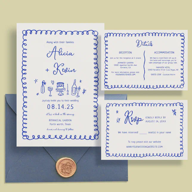 Blue Hand Drawn French Fun Wedding Invitations | Zazzle