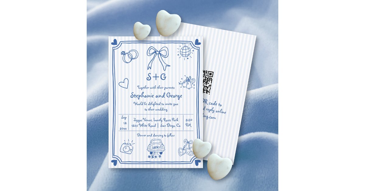 Blue hand drawn scribble doodle QR code wedding Invitation | Zazzle