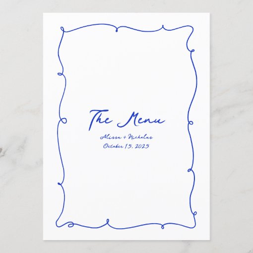 Blue Hand Drawn Wavy Border & Script Wedding Menu | Zazzle
