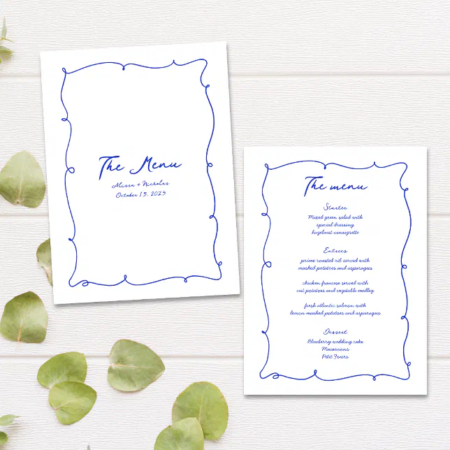 Blue Hand Drawn Wavy Border & Script Wedding Menu | Zazzle