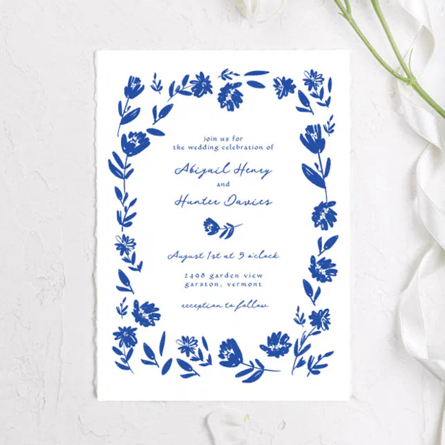 Blue Hand Drawn Whimsical Flower Border Wedding Invitation | Zazzle