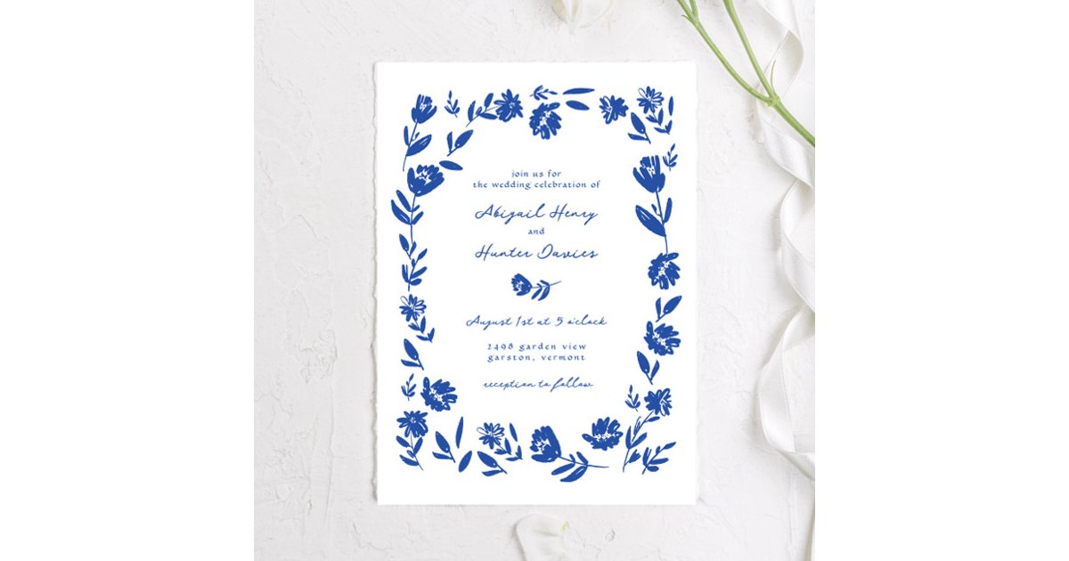 Blue Hand Drawn Whimsical Flower Border Wedding Invitation | Zazzle