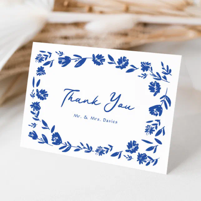 Blue Hand Drawn Whimsical Flower Border Wedding Thank You Card | Zazzle