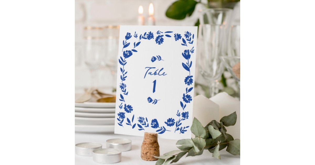 Blue Hand Drawn Whimsical Flower Table Numbers | Zazzle