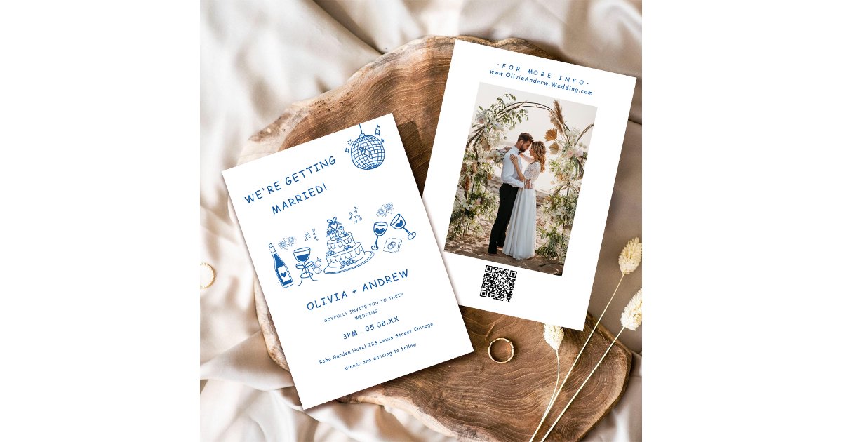 Blue Hand Drawn Whimsical Quirky Funky Wedding Invitation | Zazzle