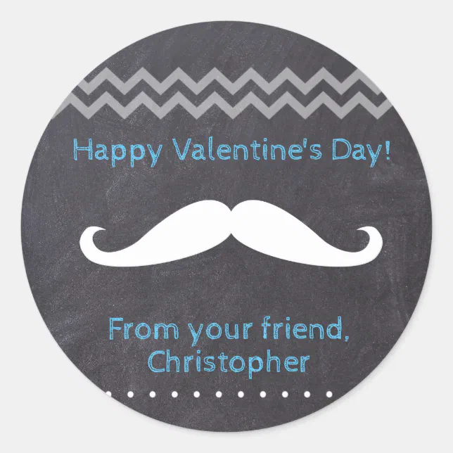 Blue Happy Valentine's day mustache Classic Round Sticker | Zazzle