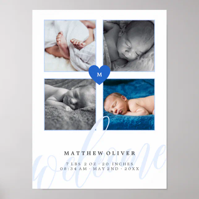 Blue Heart Monogram Baby Photo Collage Poster | Zazzle