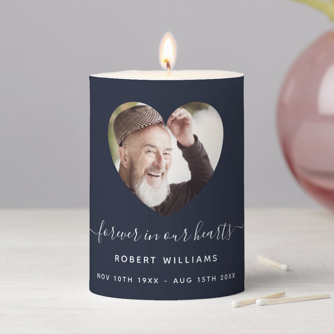 Blue heart photo funeral memorial pillar candle | Zazzle