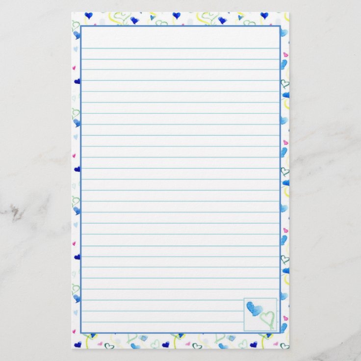 Blue Hearts Watercolor Lined Letter Writing Paper | Zazzle