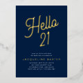 Blue Hello 21 Gold Script 21st Birthday Party Foil Invitation | Zazzle