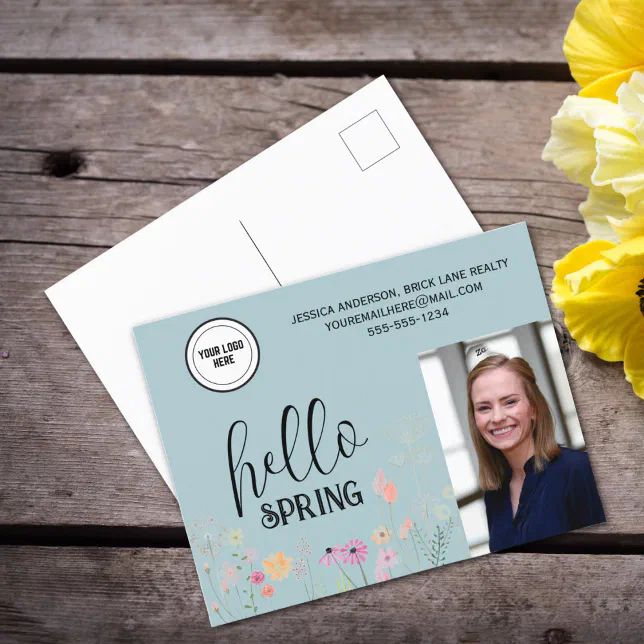Blue Hello Spring Floral Real Estate Promotional Postcard | Zazzle