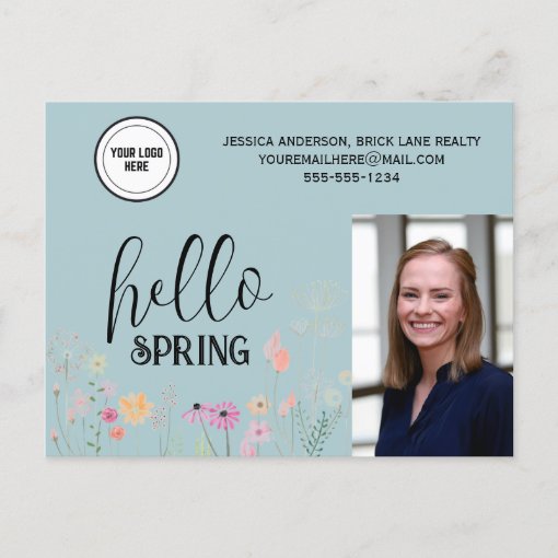 Blue Hello Spring Floral Real Estate Promotional Postcard | Zazzle