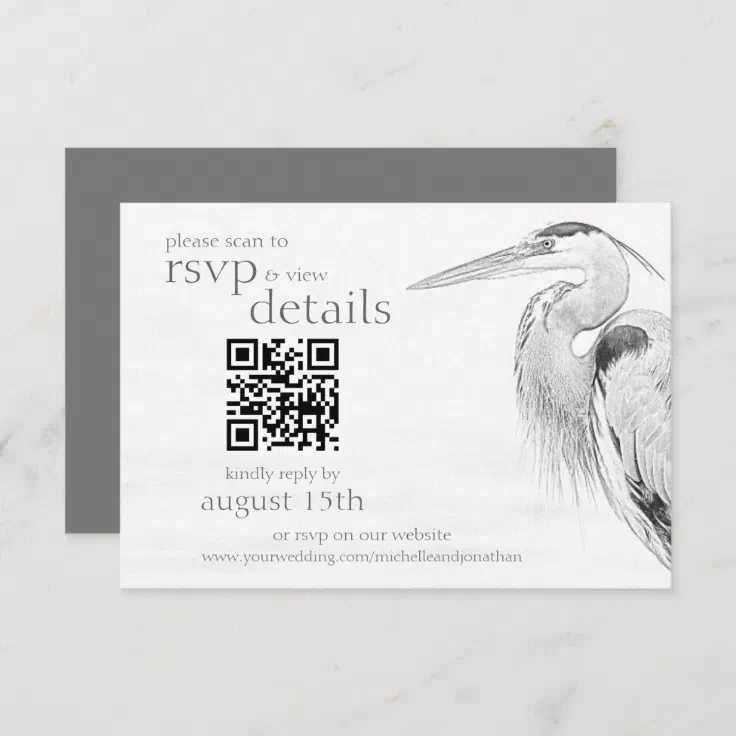 Blue Heron Sketch Wedding QR Code Details and RSVP Card | Zazzle