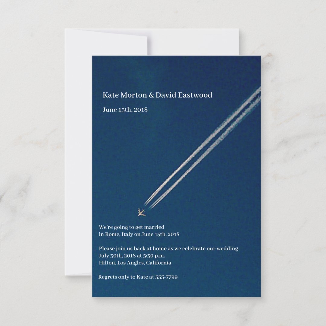 Blue High Altitude Airplane Destination Wedding Invitation | Zazzle