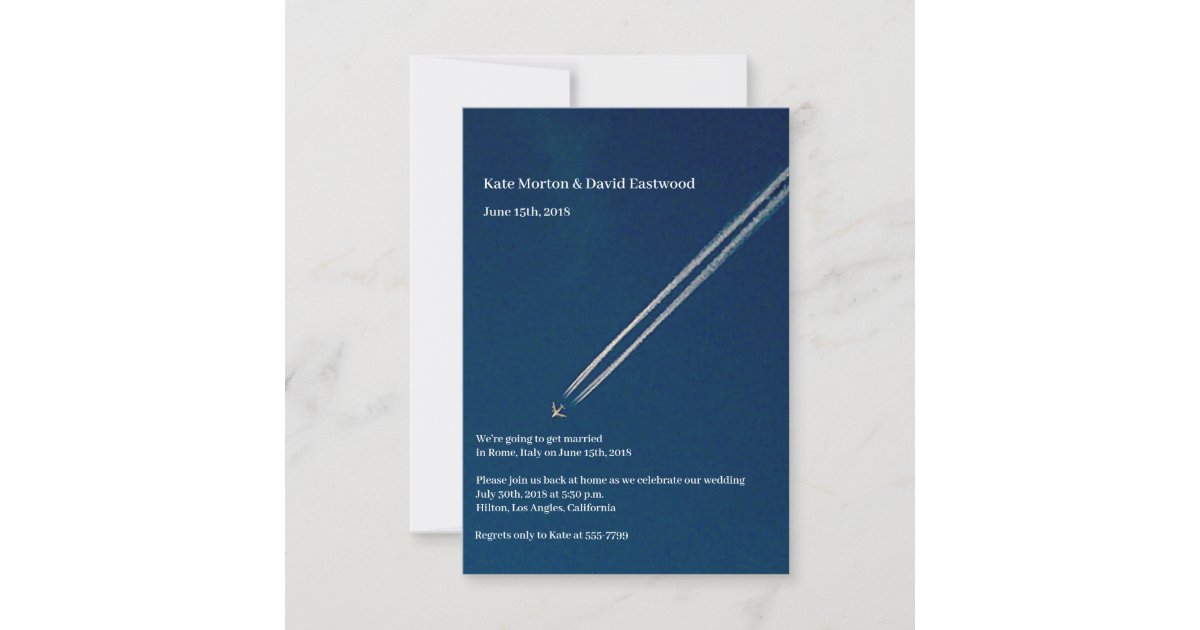 ©Blue High Altitude Airplane Destination Wedding Invitation | Zazzle