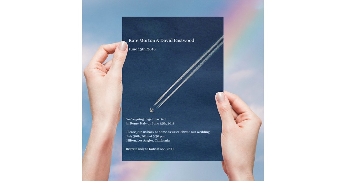 ©Blue High Altitude Airplane Destination Wedding Invitation | Zazzle