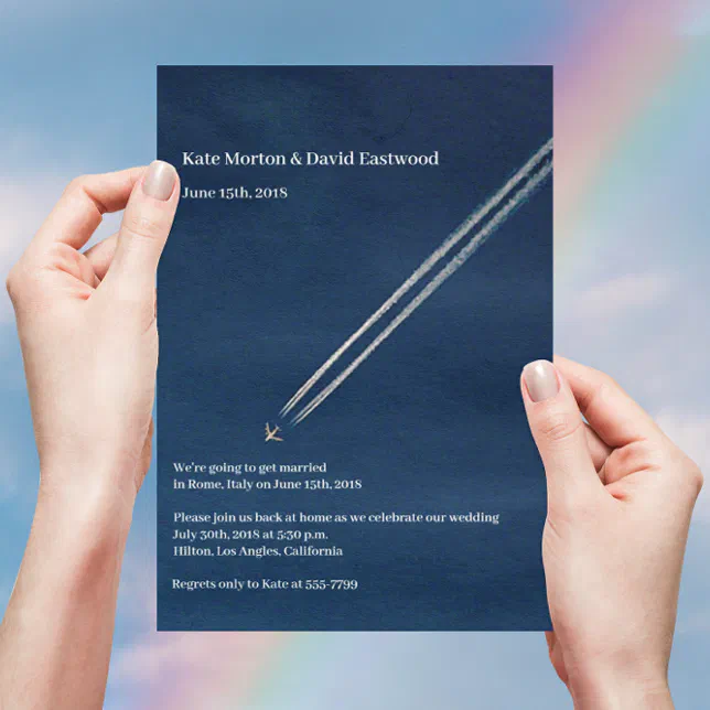 ©Blue High Altitude Airplane Destination Wedding Invitation | Zazzle