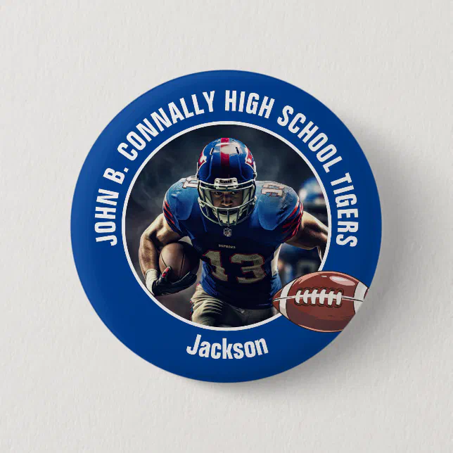 Blue High School Football Player Photo Button | Zazzle