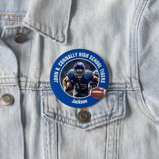 Blue High School Football Player Photo Large Brag Button | Zazzle