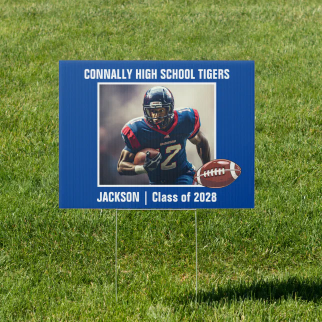 Blue High School Football Player Photo Yard Sign | Zazzle