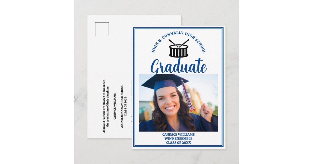 Blue High School Marching Band Graduation Photo Announcement Postcard ...