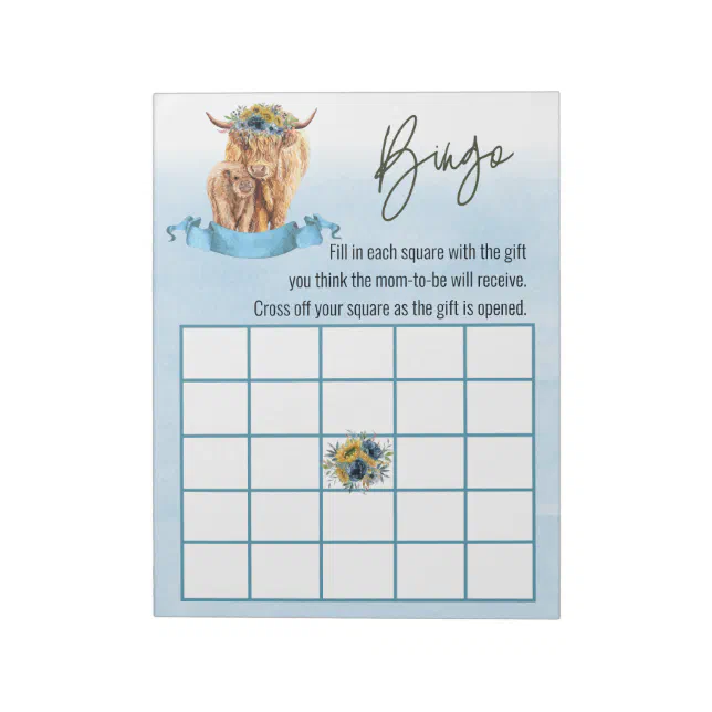 Blue Highland Cow Baby Shower Bingo Game Notepad | Zazzle