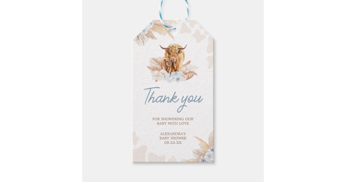 Blue Highland Cow Baby Shower Favor Tags | Zazzle