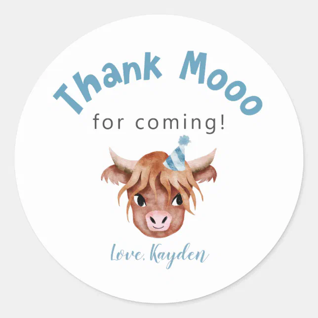 Blue Highland Cow Birthday Party Favor Classic Round Sticker | Zazzle