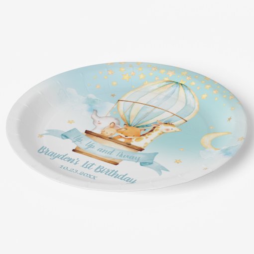 Blue Hot Air Balloon Animals Birthday Party Paper Plates | Zazzle