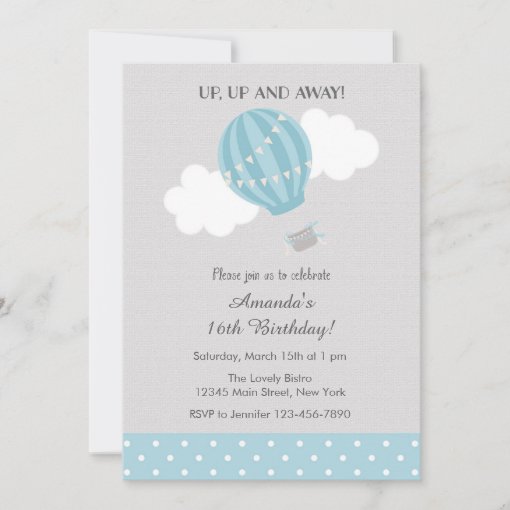 Blue Hot Air Balloon Birthday Invitation | Zazzle