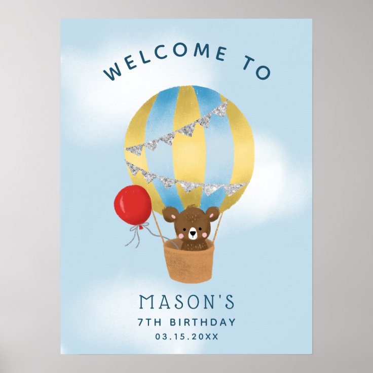 Blue Hot Air Balloon Birthday Party Welcome Sign | Zazzle