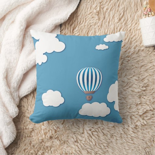 Blue Hot Air Balloon in Clouds Throw Pillow | Zazzle