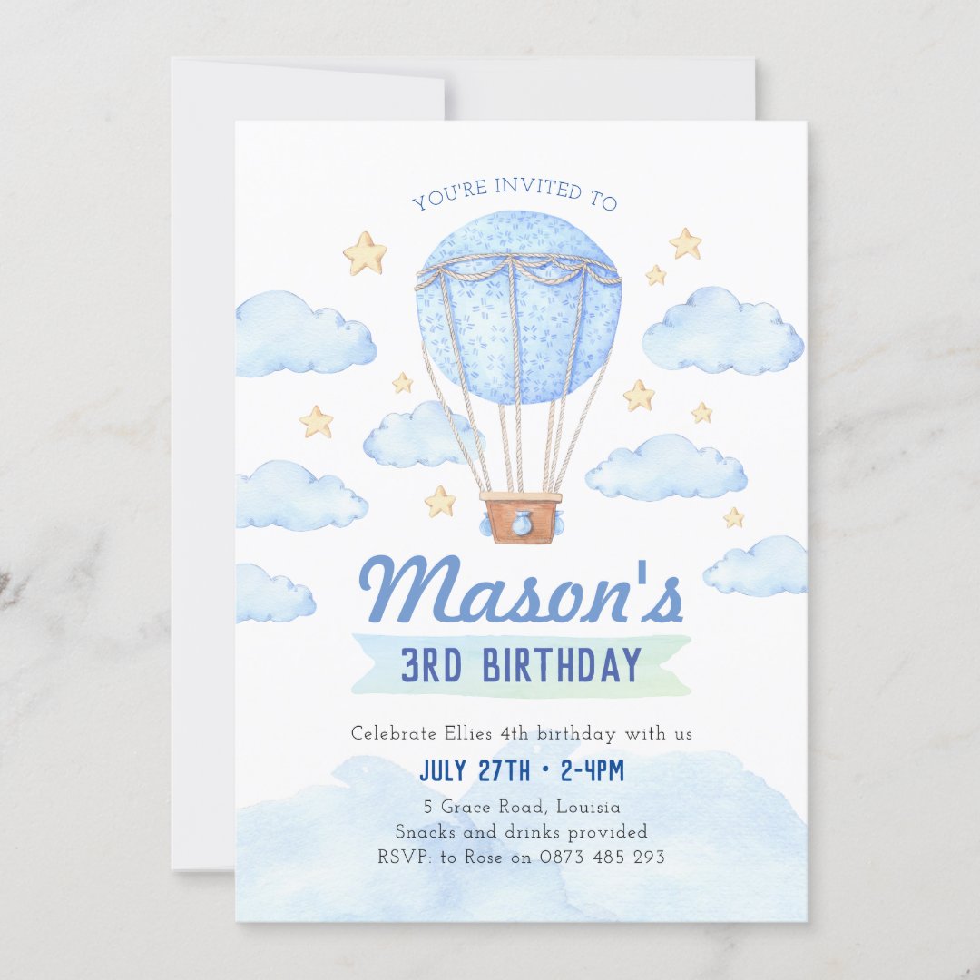 Blue Hot air balloon invitation, Boy 1st birthday Invitation | Zazzle